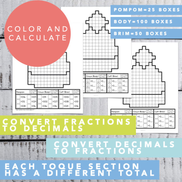 Decimal to Fraction Worksheet: Cute Winter Themed Toque Math Activity ...